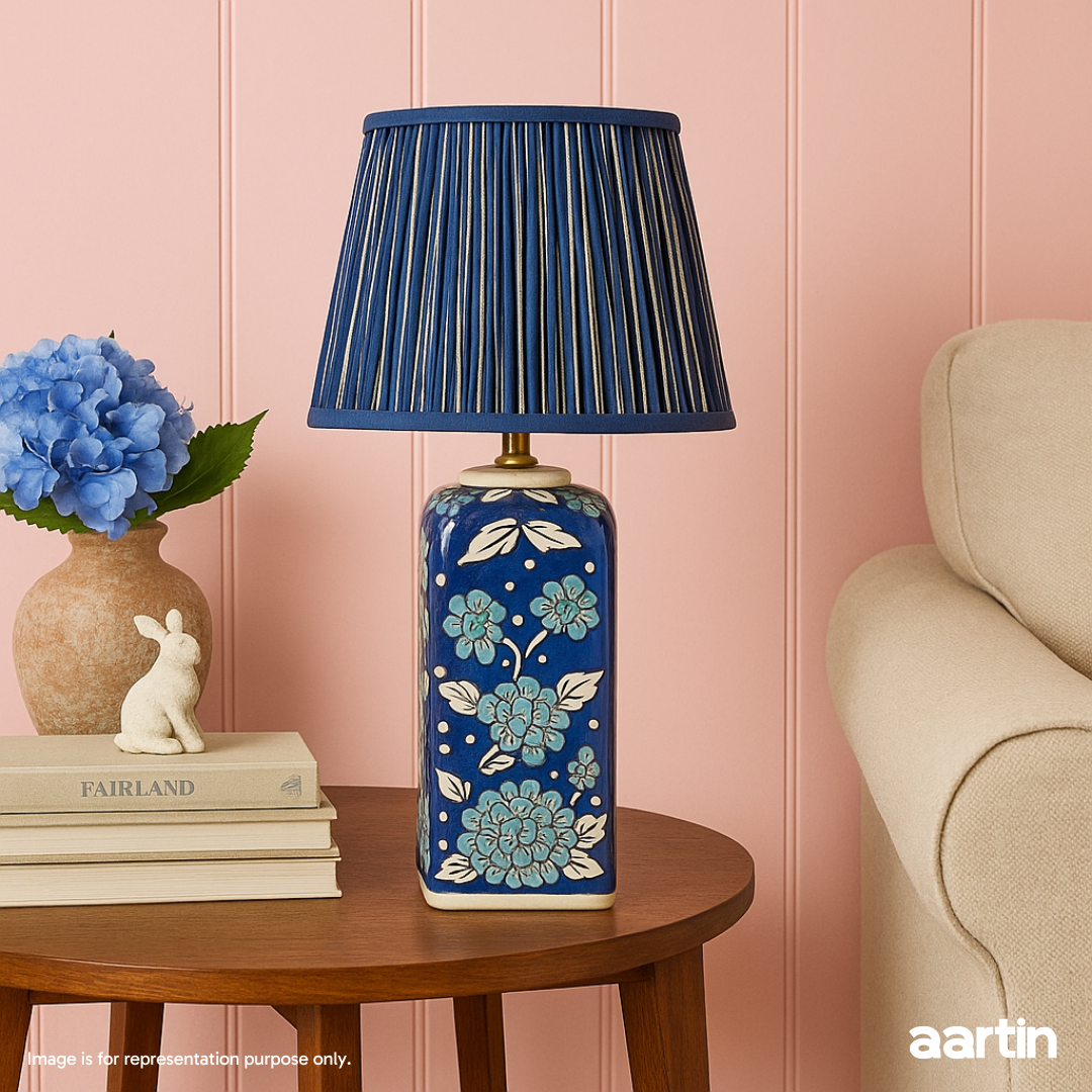 Maple Table Lamp In Blue & White Handpainted Design With Blue Silk Lam ...
