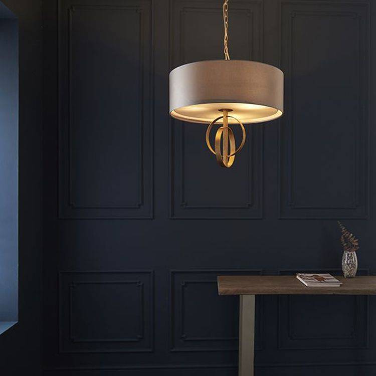 Lena 3Lt Pendant Ceiling Light Antique Gold Leaf & Mink Satin Fabric ...