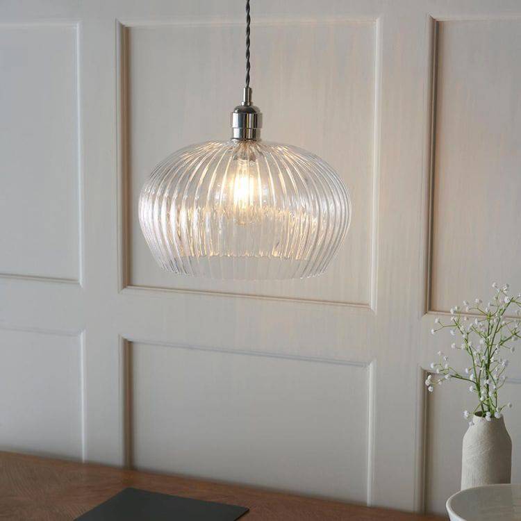 Terek Medium Pendant Ceiling Light Bright Nickel w/ Clear Ribbed Glass ...
