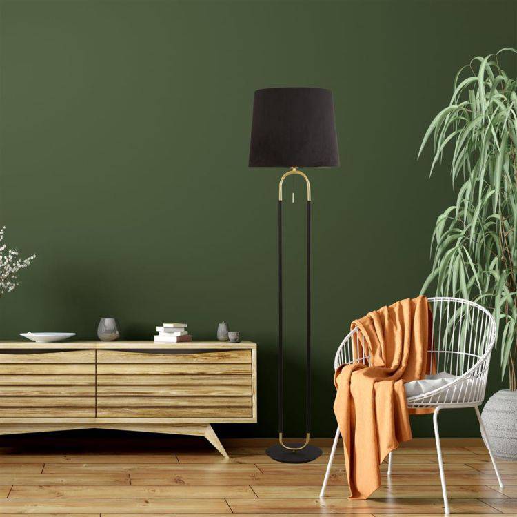 Searchlight Jazz Floor Lamp - Satin Brass, Black & Black Velvet Shade ...