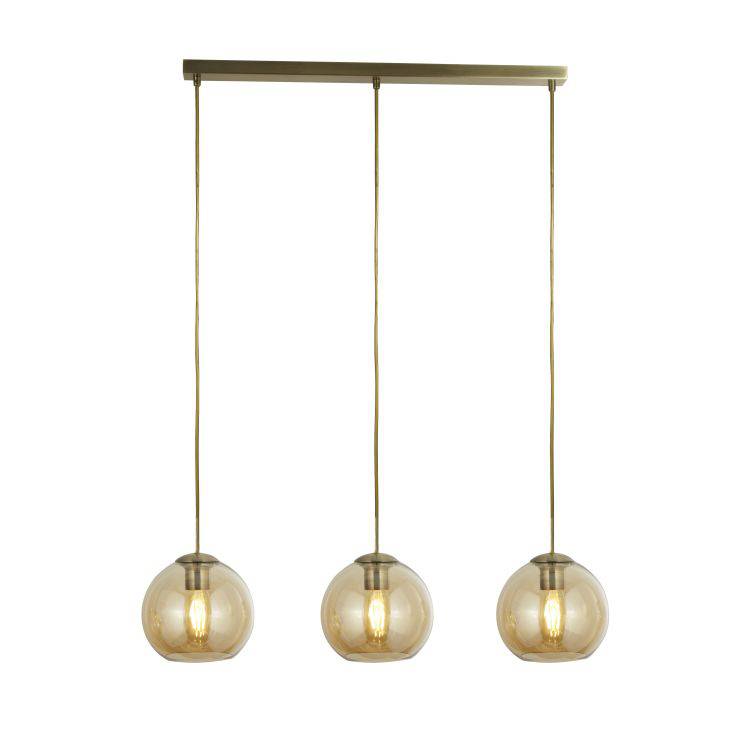 Searchlight Pendant 3Lt Bar, Antique Brass, Amber Glass – Comet Lighting