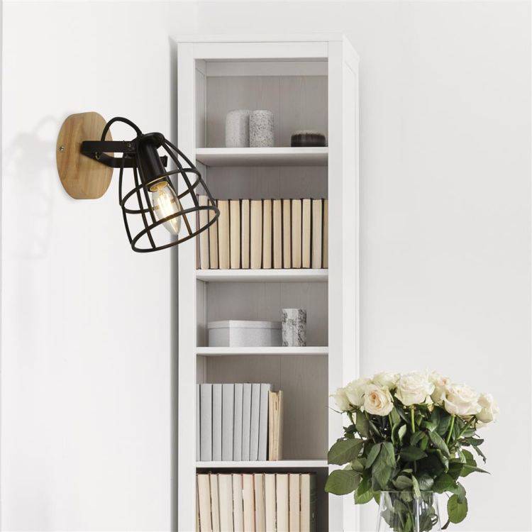 Vision Cage Round Wall Light - Matt Black & Wood – Comet Lighting